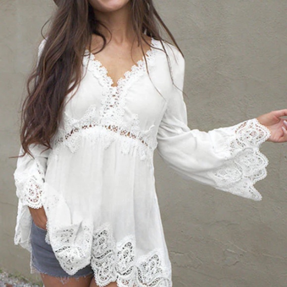 Boston Proper | Tops | New Boston Proper White Lace Crochet V Neck Long ...